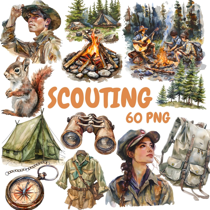 Watercolor Scouting Clipart Bundle, Boy Scout Clipart, Camping ...