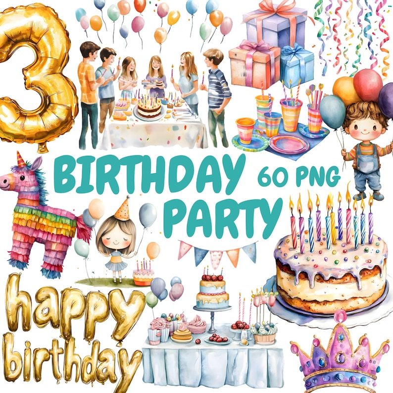 Watercolor Birthday Party Clipart Bundle, Birthday Present Clipart ...