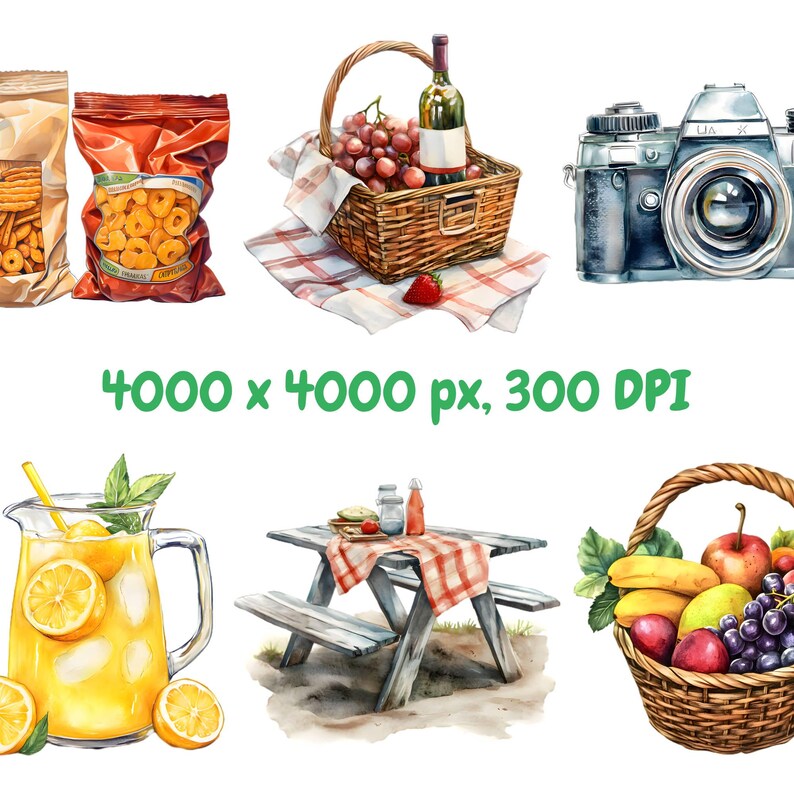 Watercolor Picnic Clipart Bundle, Picnic Basket Clipart, Summer ...