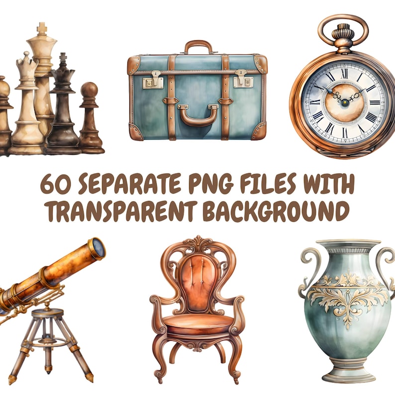 Watercolor Vintage Antique Clipart Bundle, Antique Telephone Clipart ...