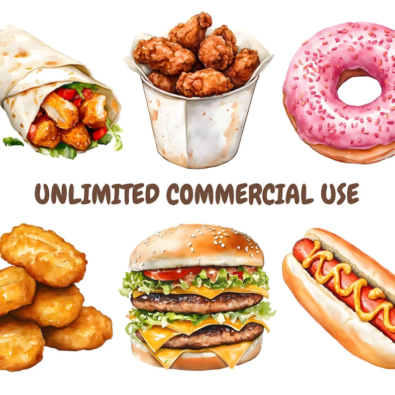 Watercolor Fast Food Clipart Bundle, Junk Food Clipart, Pizza ...
