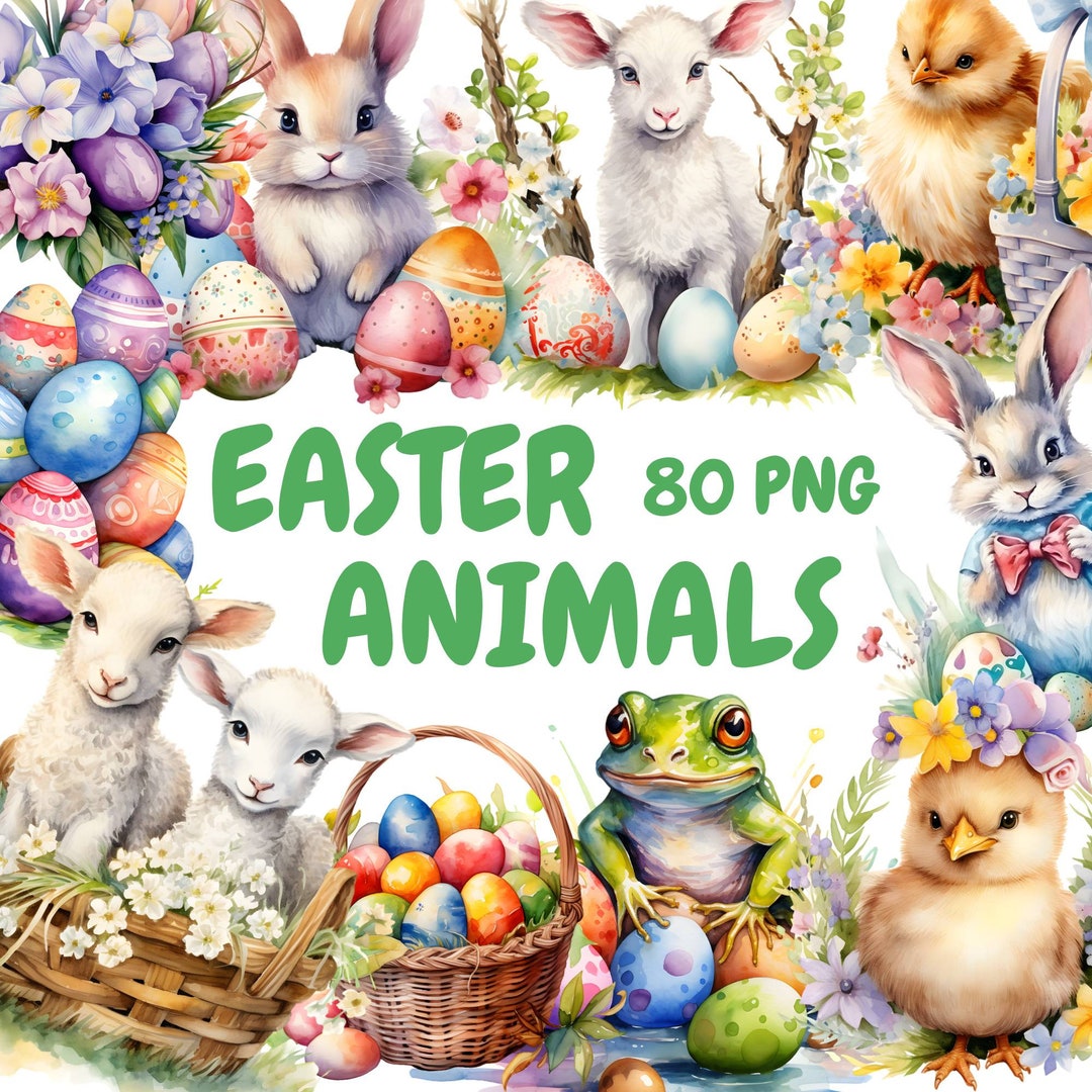 Watercolor Easter Animals Clipart Bundle, Cute Easter Animals PNG ...