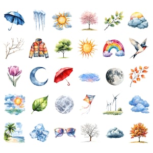 Watercolor Weather Clipart Bundle, Rain Cloud Clipart, Rainbow ...