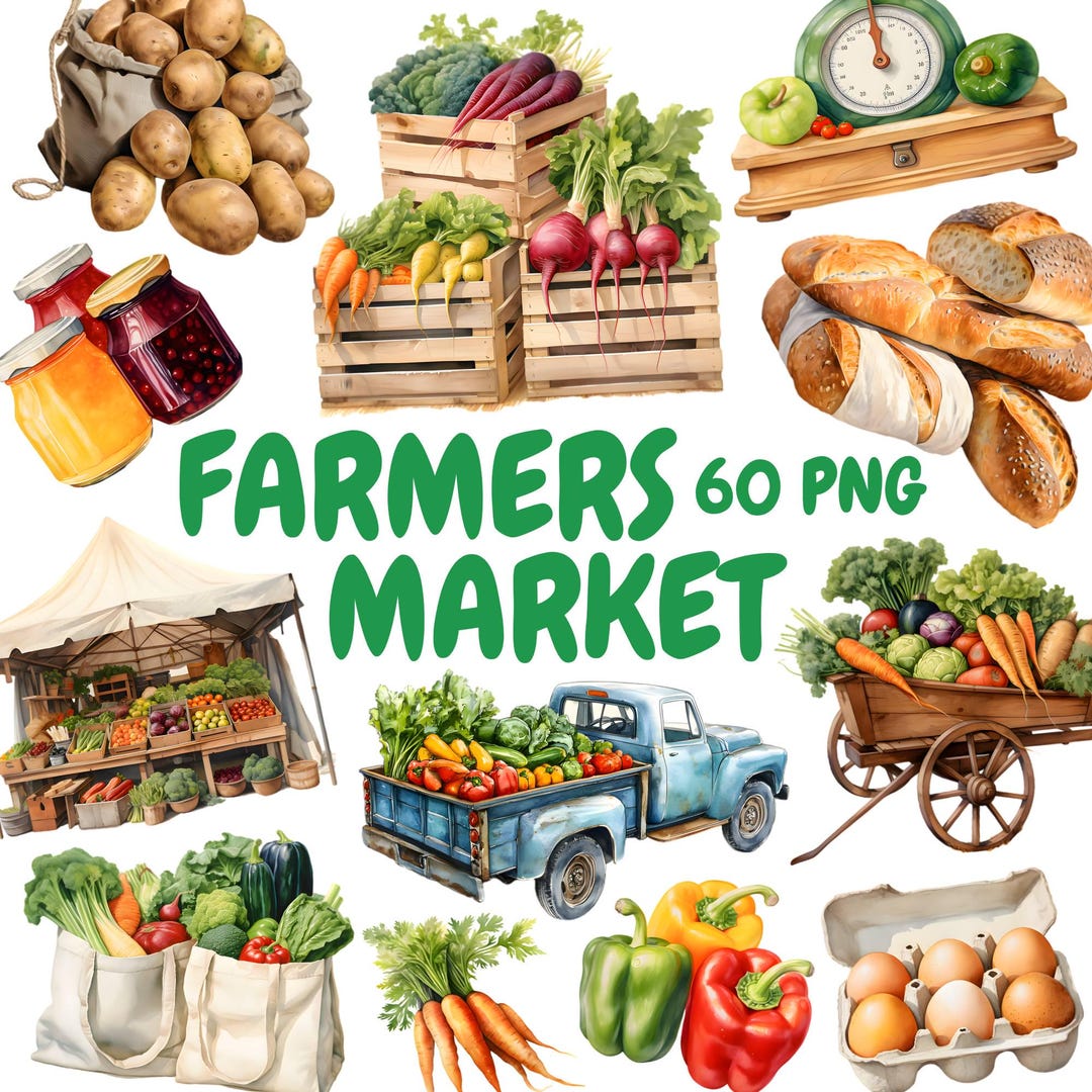 Watercolor Farmers Market Clipart Bundle, Farm Food Clipart, Vegetable ...
