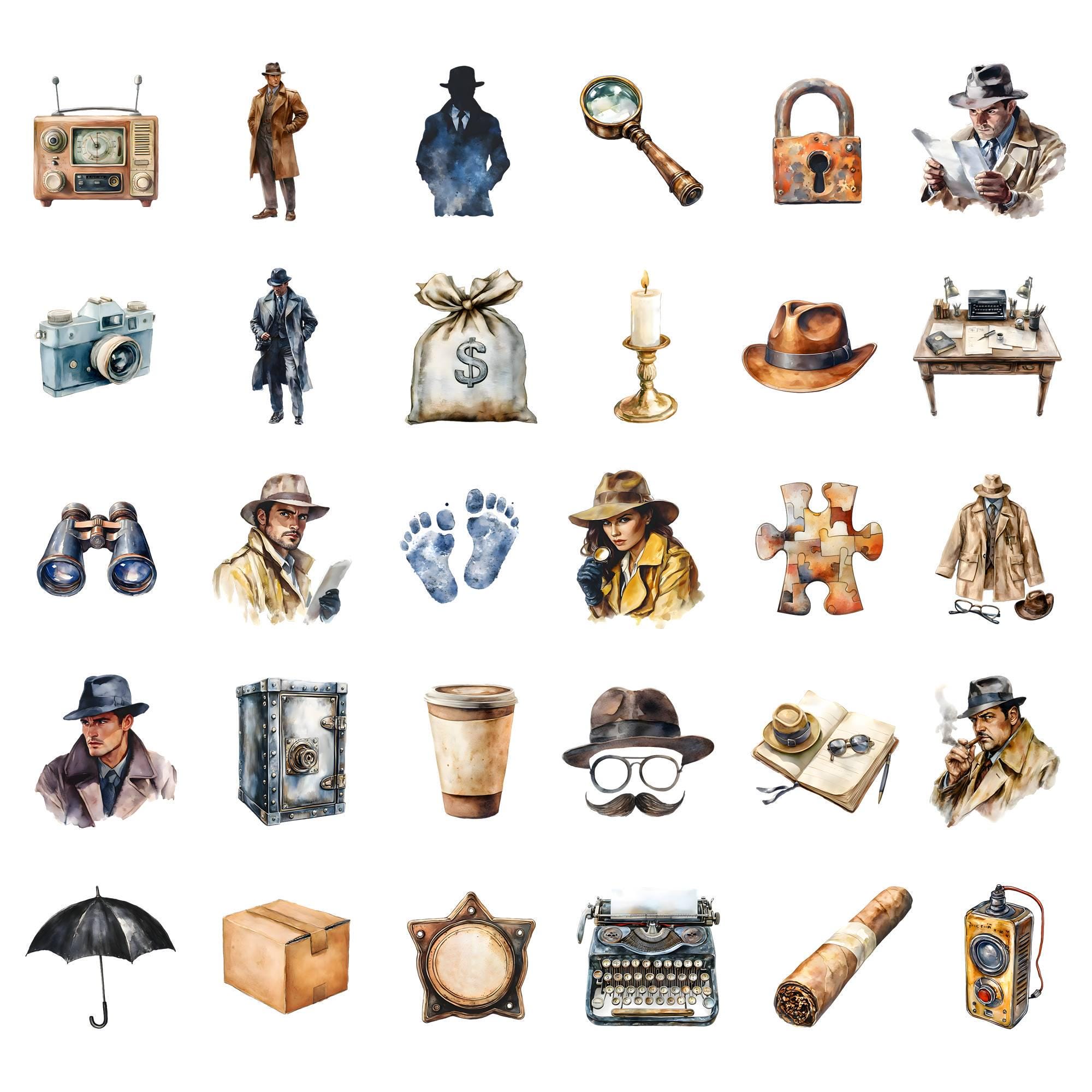 Watercolor Detective Clipart Bundle, Secret Agent Clipart, Spy ...