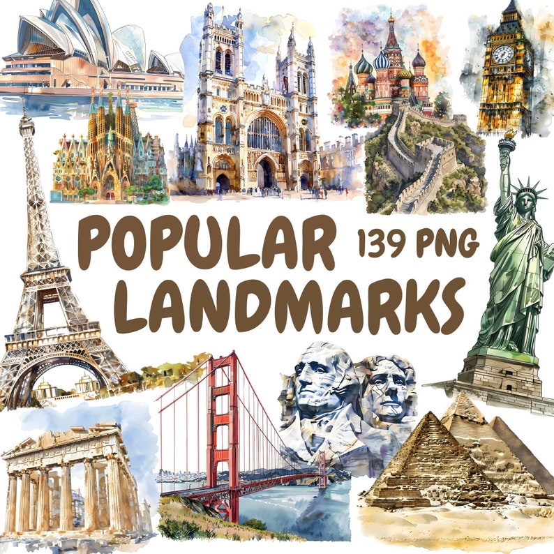 Watercolor Popular Landmarks Clipart Bundle, Famous Monuments Clipart ...