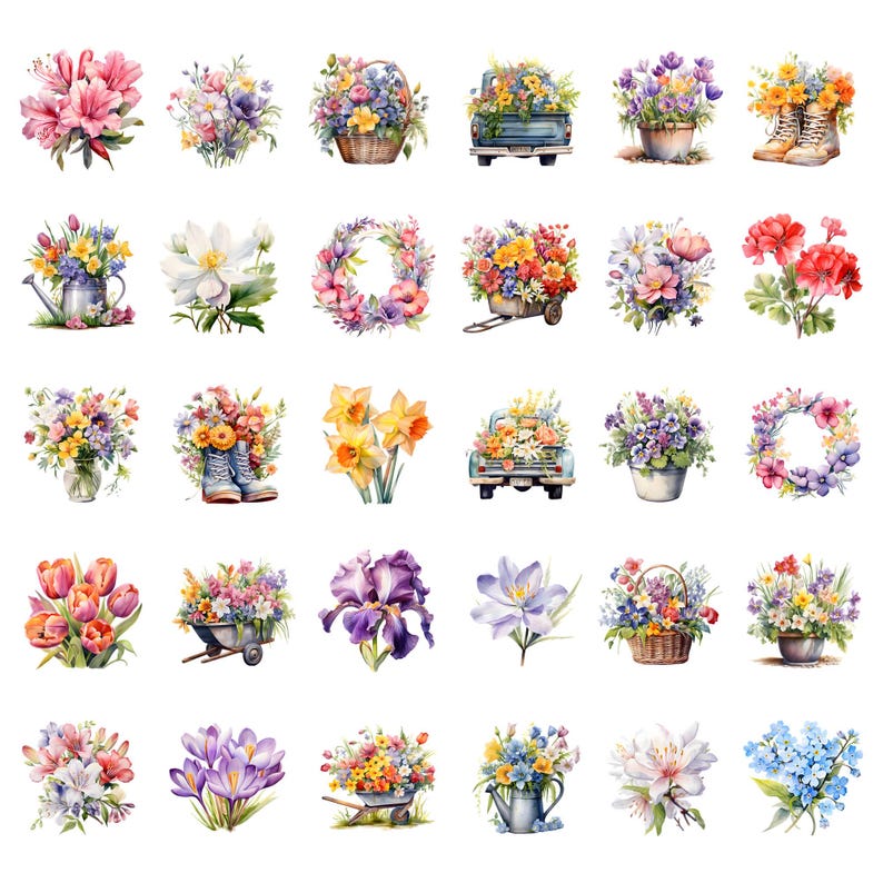 Watercolor Spring Flowers Clipart Bundle, Easter Floral Bouquet PNG ...