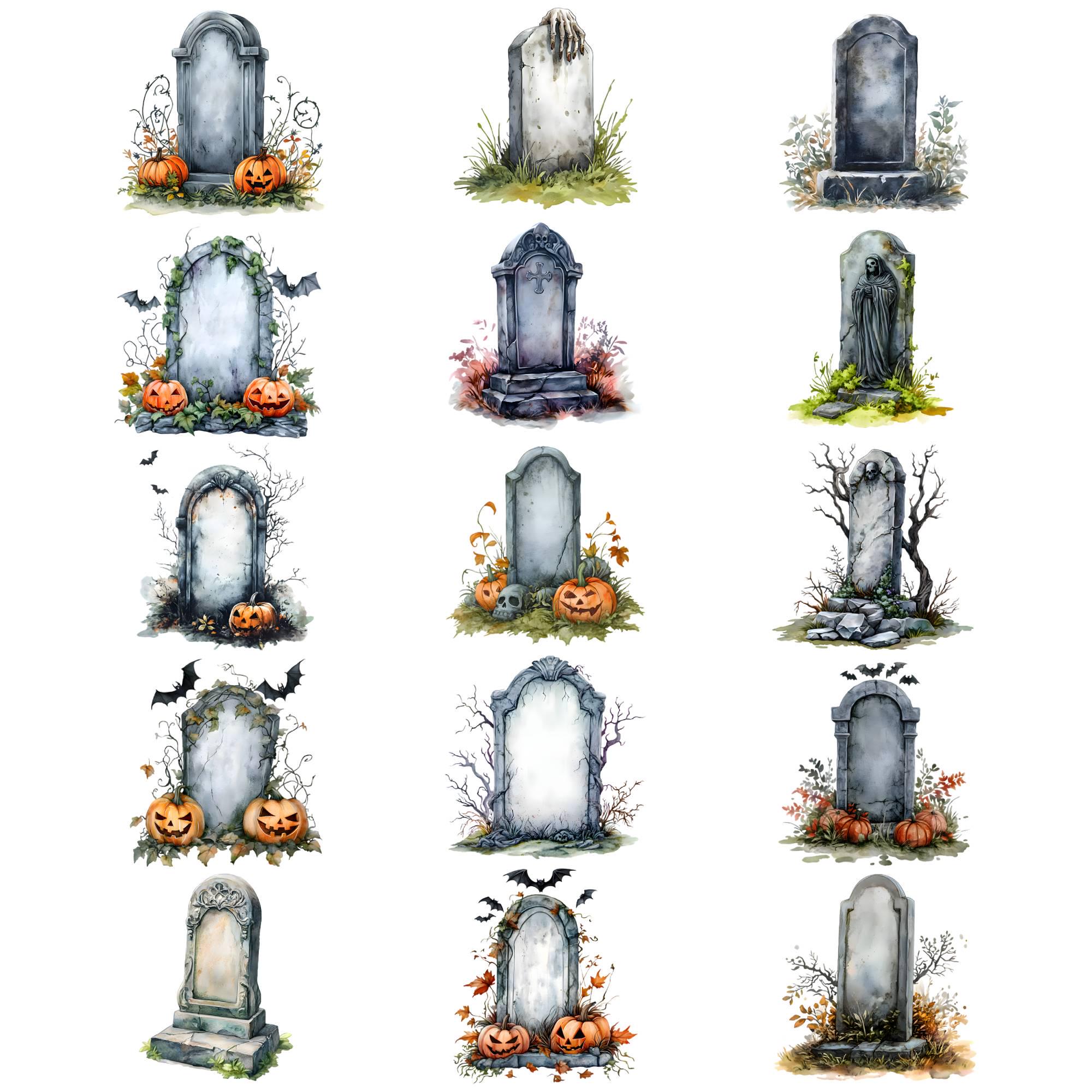 Watercolor Tombstone Clipart Bundle, Spooky Gravestones Clipart ...