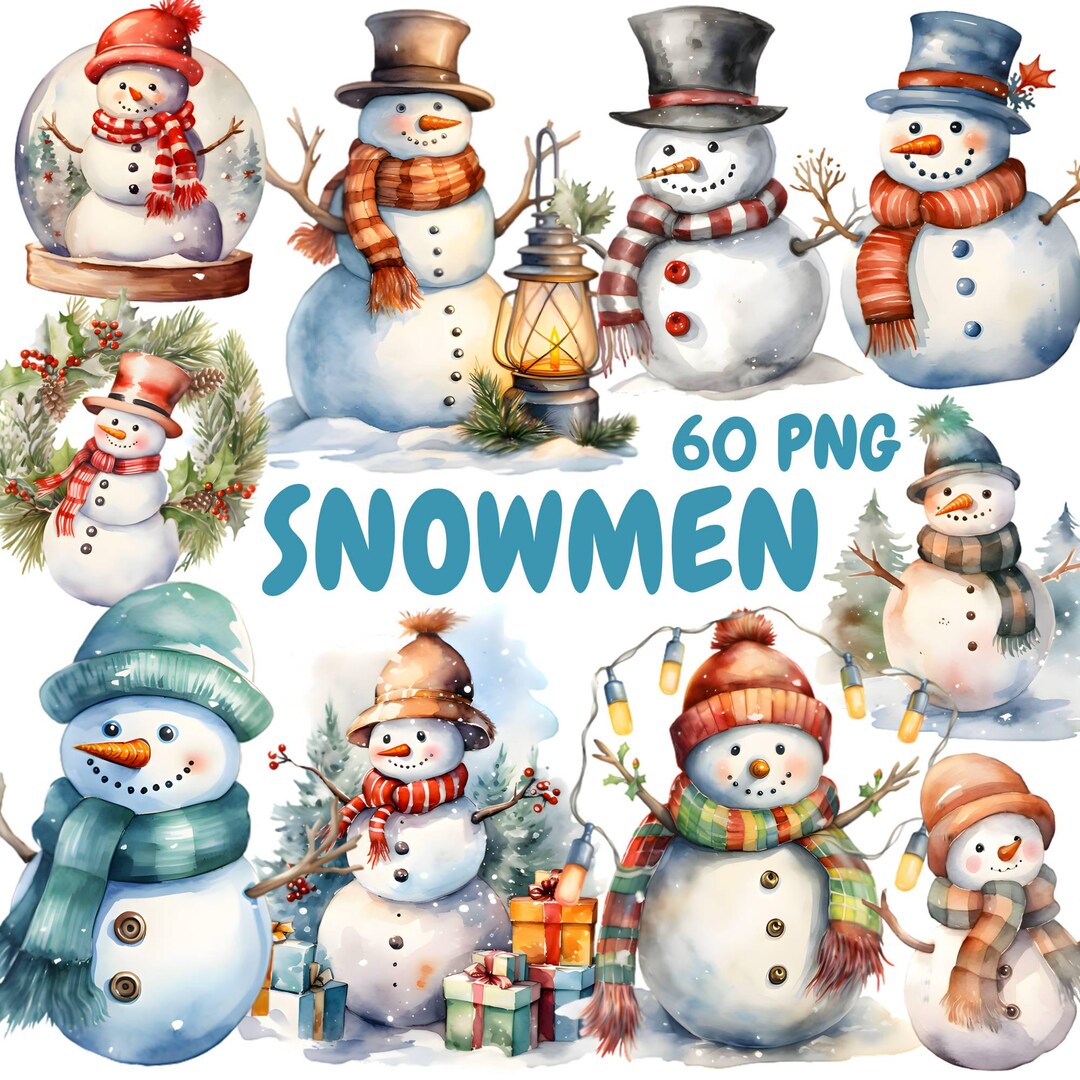 Watercolor Snowmen Clipart Bundle, Cute Snowman Clipart, Winter Snowman ...