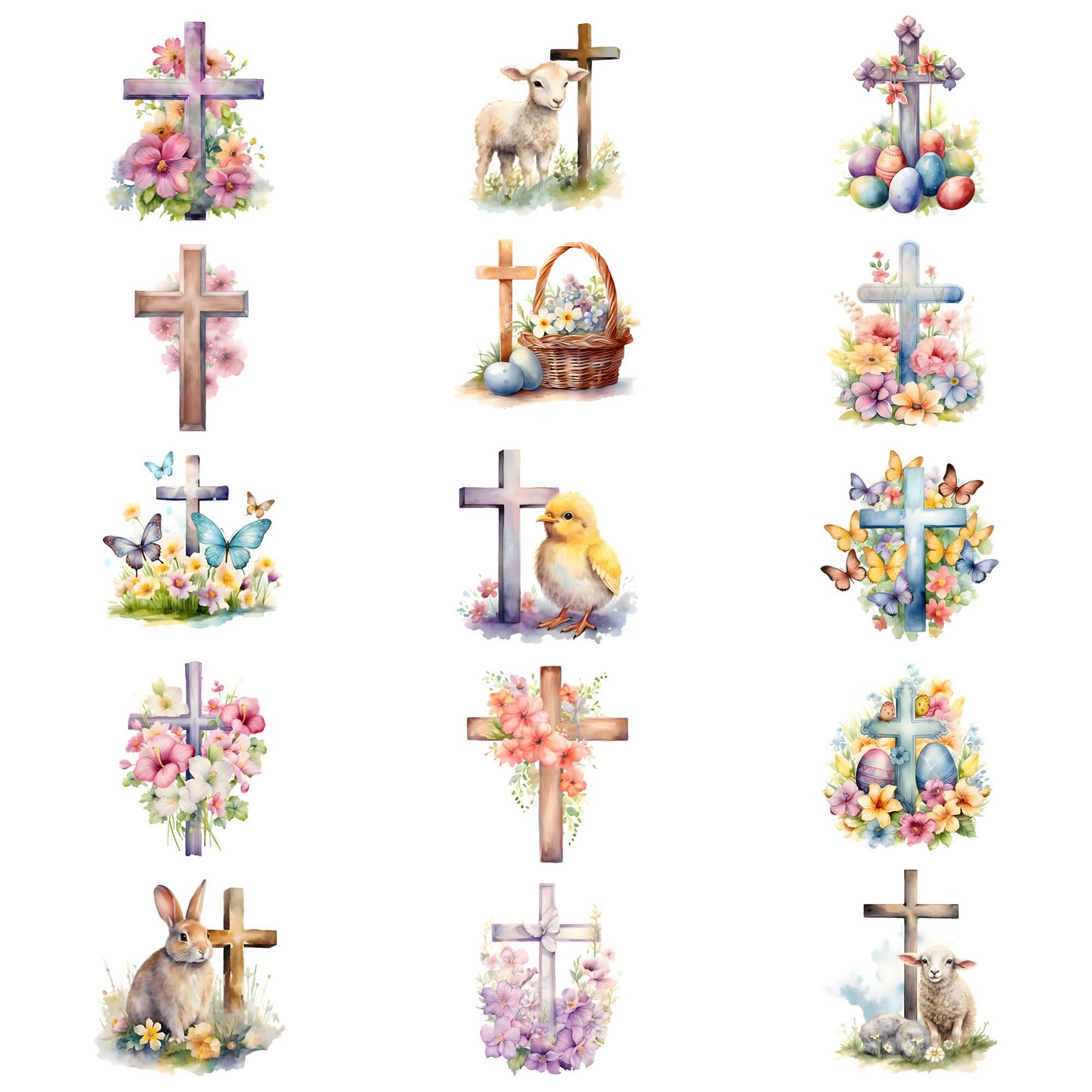 Watercolor Easter Cross Clipart Bundle, Floral Easter Cross PNG, Happy ...