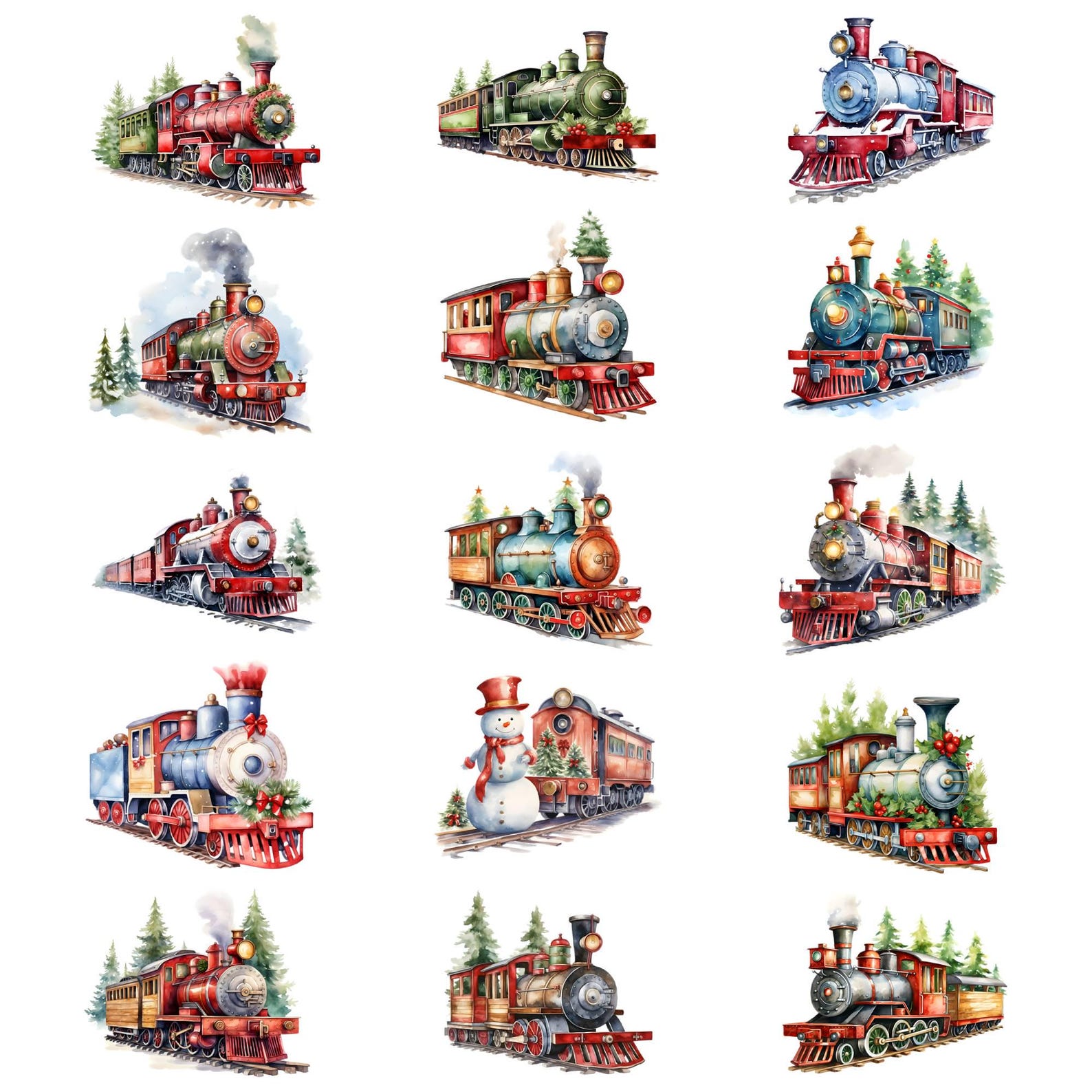 Watercolor Christmas Trains Clipart Bundle, Holiday Train Clipart, Red ...