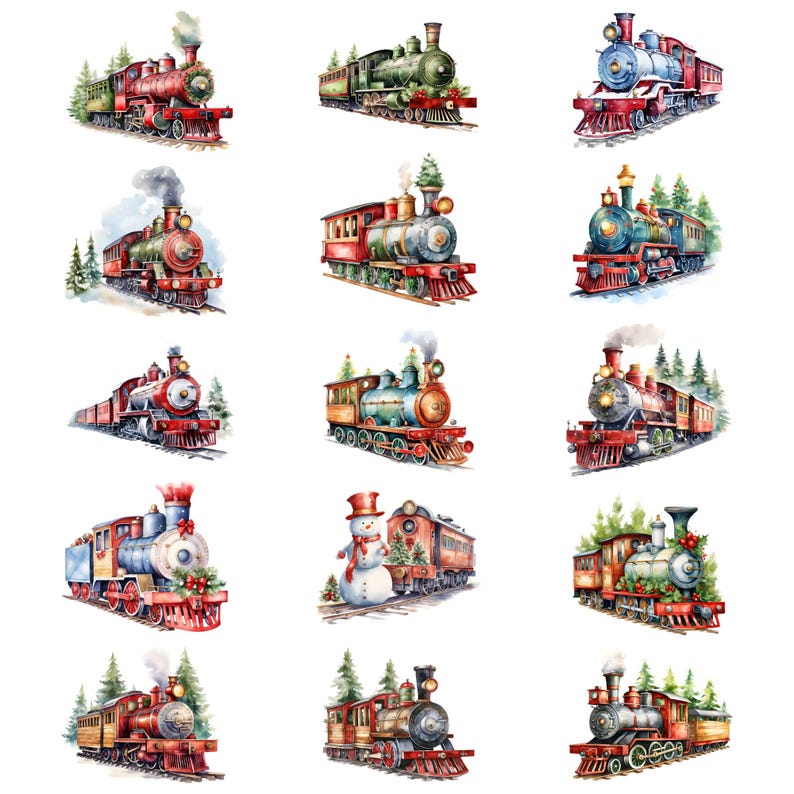 Watercolor Christmas Trains Clipart Bundle, Holiday Train Clipart, Red ...