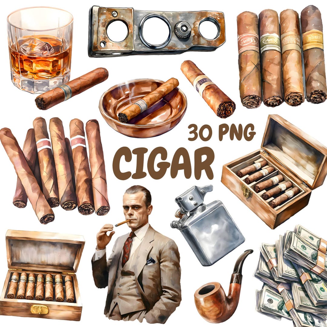 Watercolor Cigar Clipart Bundle, Cigar Box Clipart, Gentleman ...