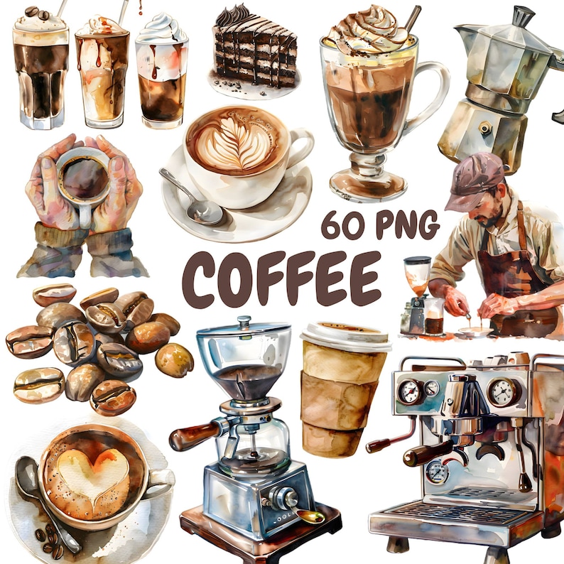 Watercolor Coffee Clipart Bundle, Coffee Lover Clipart, Cappuccino ...