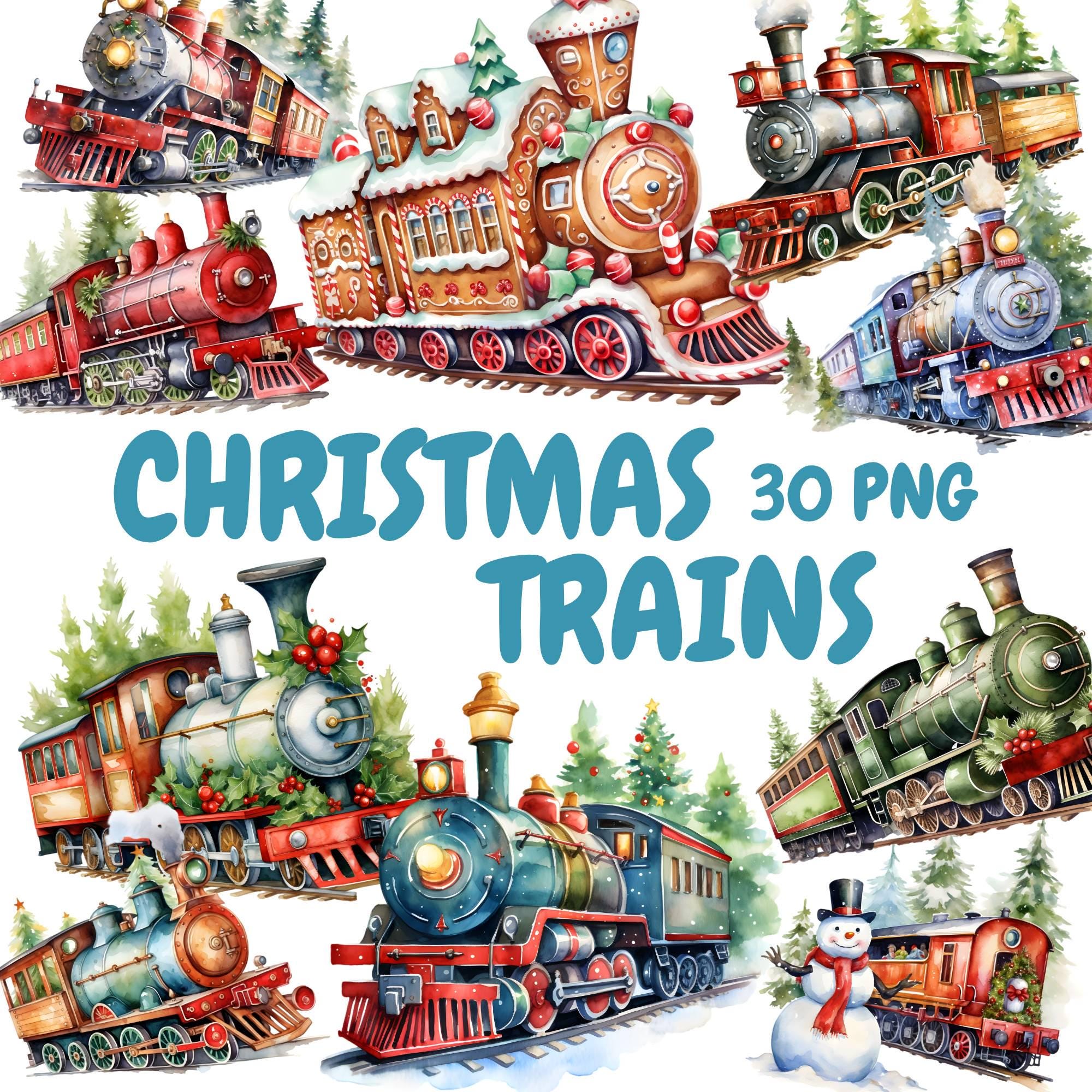 Watercolor Christmas Trains Clipart Bundle, Holiday Train Clipart, Red ...
