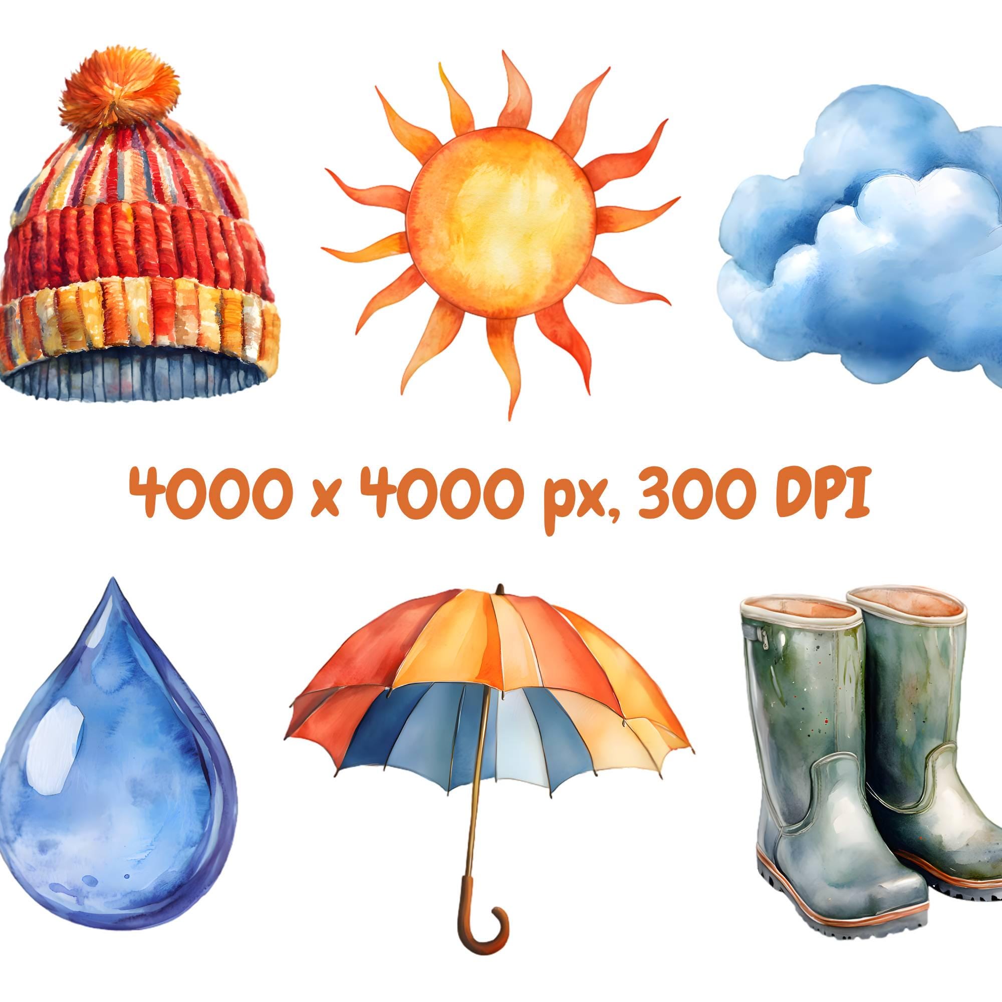 Watercolor Weather Clipart Bundle, Rain Cloud Clipart, Rainbow ...