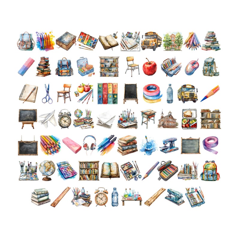 Watercolor School Supplies Clipart Bundle, School Supply Clipart ...