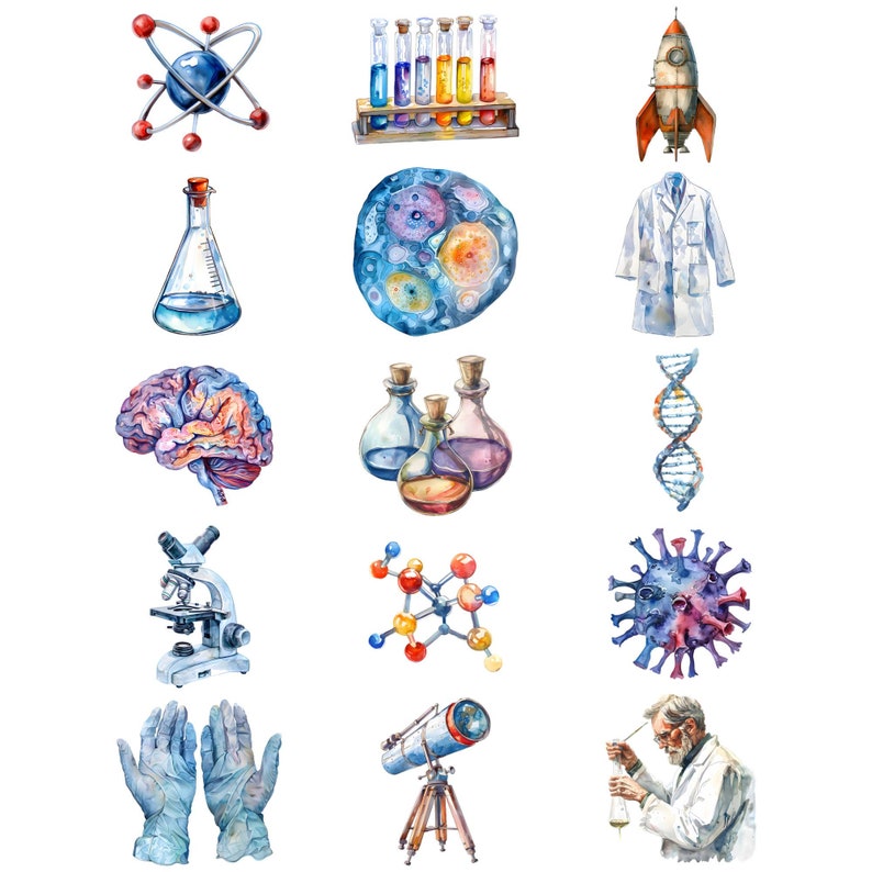 Watercolor Science Clipart Bundle, Chemistry Lab Clipart, Laboratory ...
