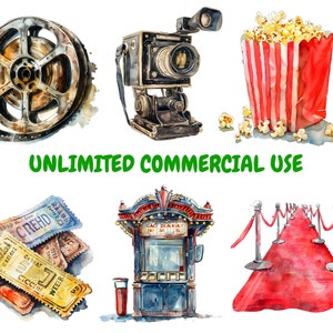 Watercolor Movie Night Clipart Bundle, Movie Theater Clipart, Cinema ...