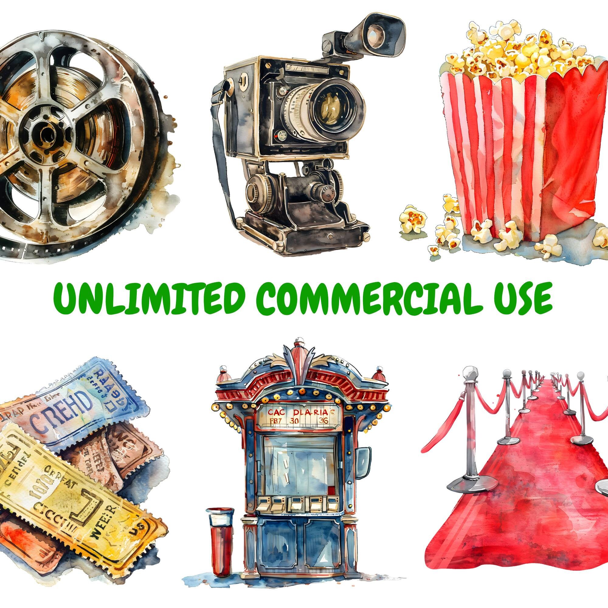 Watercolor Movie Night Clipart Bundle, Movie Theater Clipart, Cinema ...