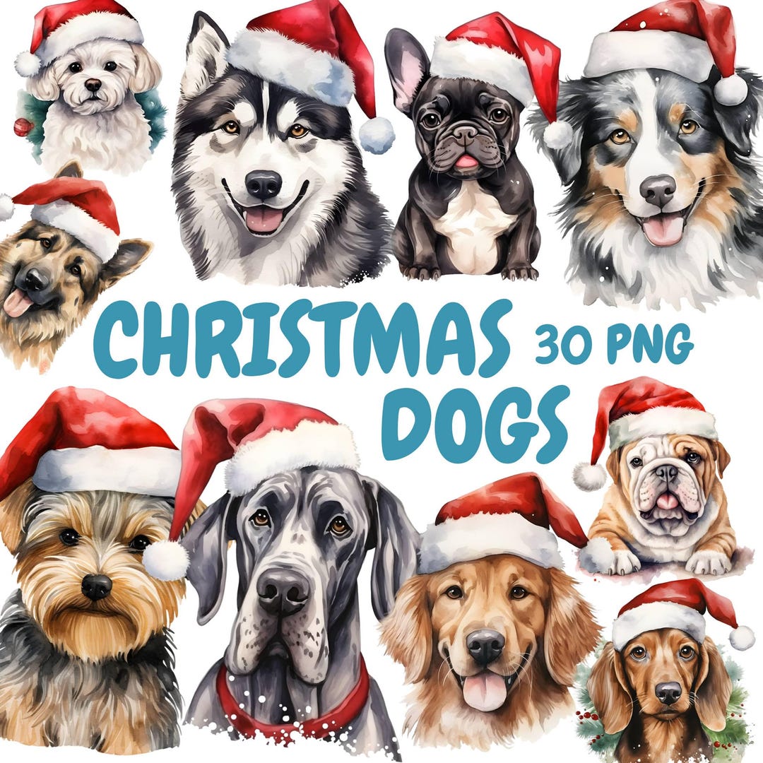 Watercolor Christmas Dogs Clipart Bundle, Santa Dogs Clipart, Xmas Dog ...