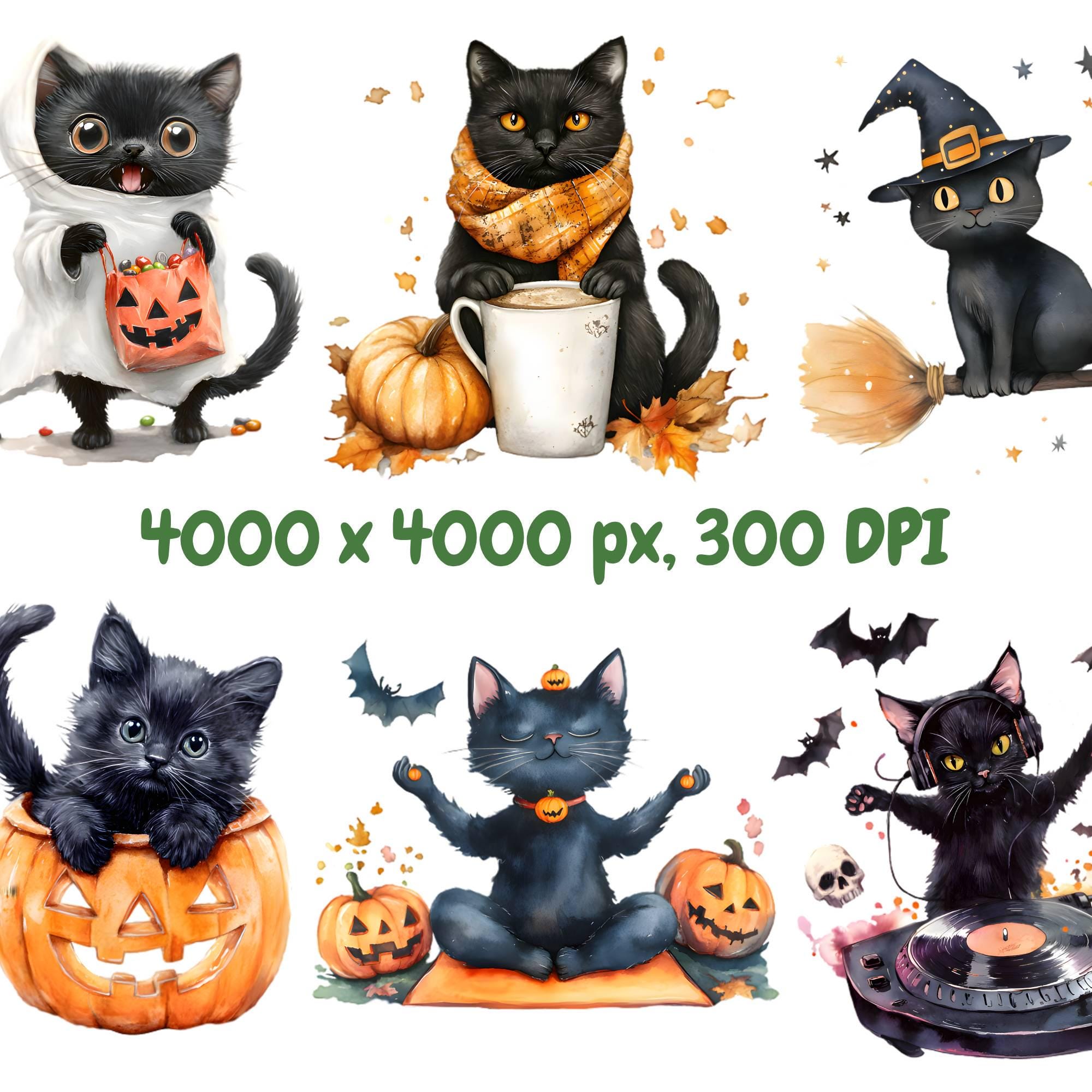 Watercolor Black Cat Clipart Bundle, Halloween Cat Clipart, Autumn Cat ...