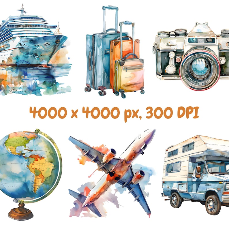 Watercolor Travel Clipart Bundle, Vacation Holiday Clipart, Adventure ...