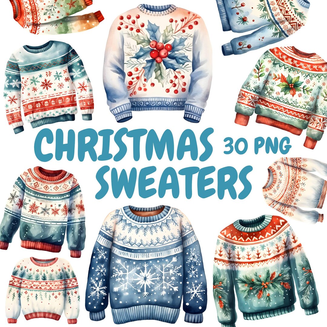 Watercolor Christmas Sweaters Clipart Bundle, Xmas Sweater Clipart ...