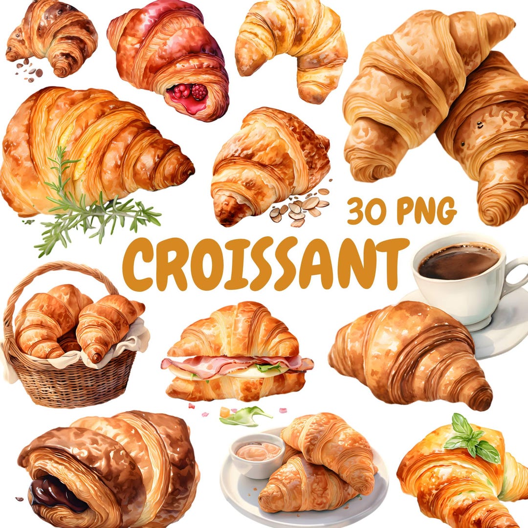 Watercolor Croissant Clipart Bundle, French Bakery Clipart, Dessert ...
