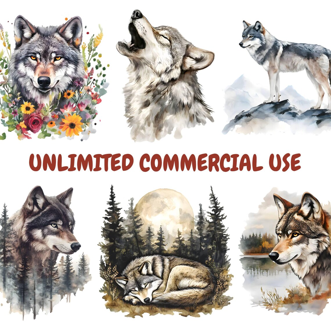 Watercolor Wolves Clipart Bundle, Woodland Animal Clipart, Wolf ...