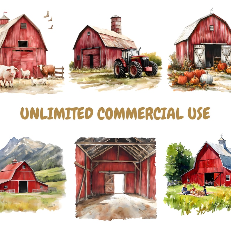 Watercolor Red Barn Clipart Bundle, Farm Barn Clipart, Farmhouse ...