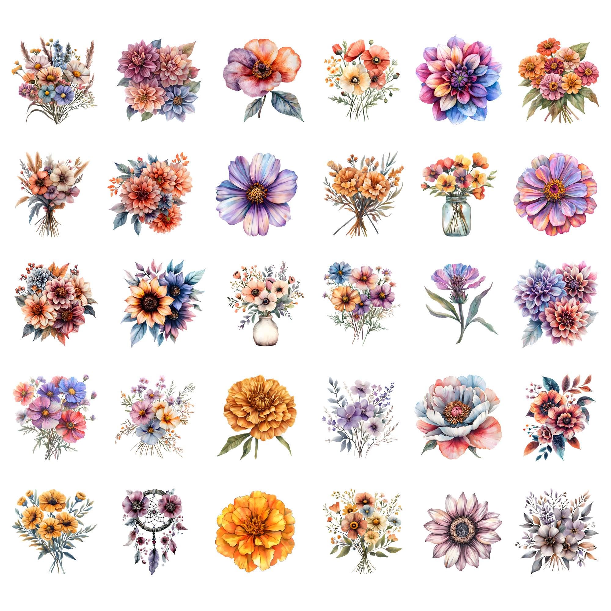 Watercolor Boho Flowers Clipart Bundle, Bohemian Flowers Clipart ...