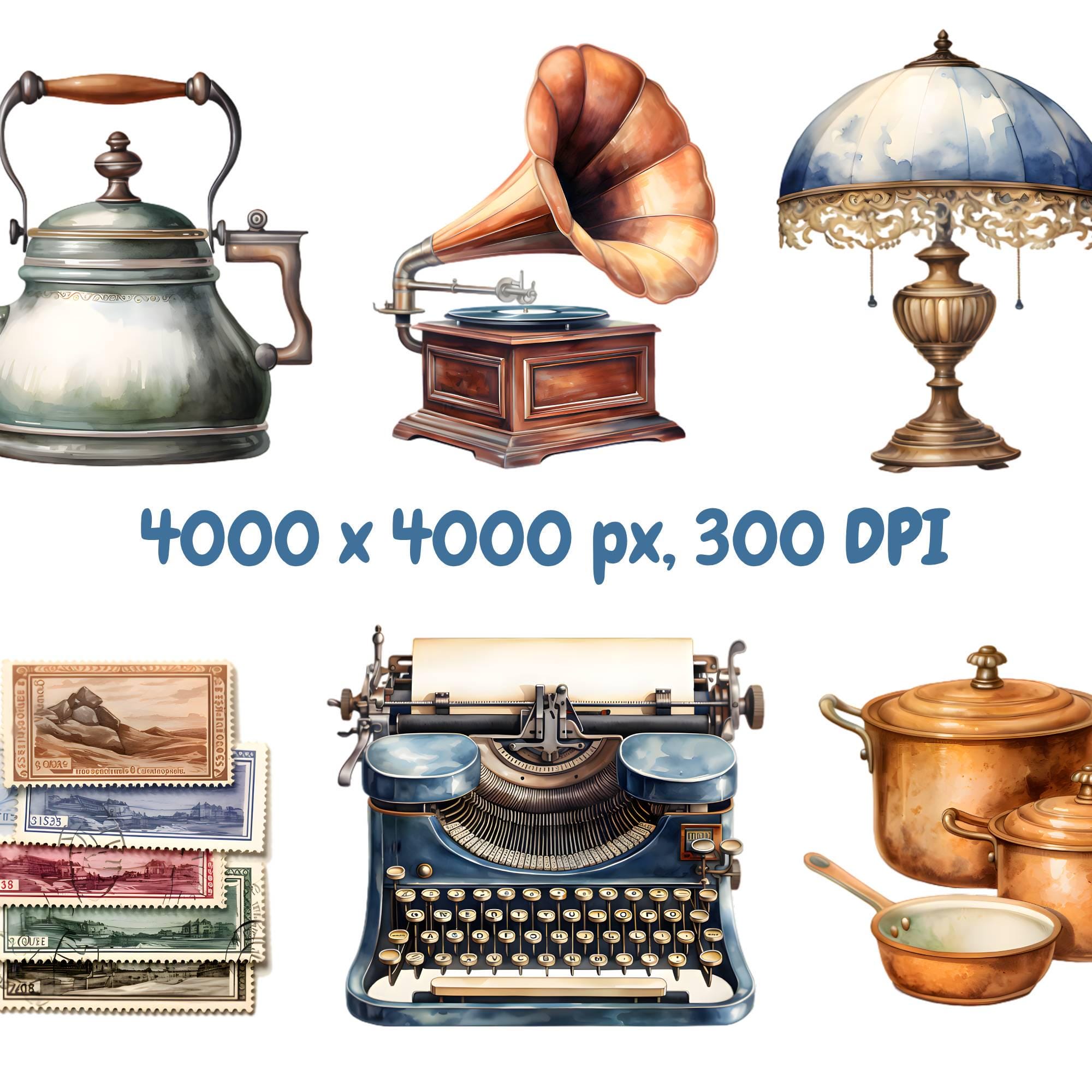 Watercolor Vintage Antique Clipart Bundle, Antique Telephone Clipart ...