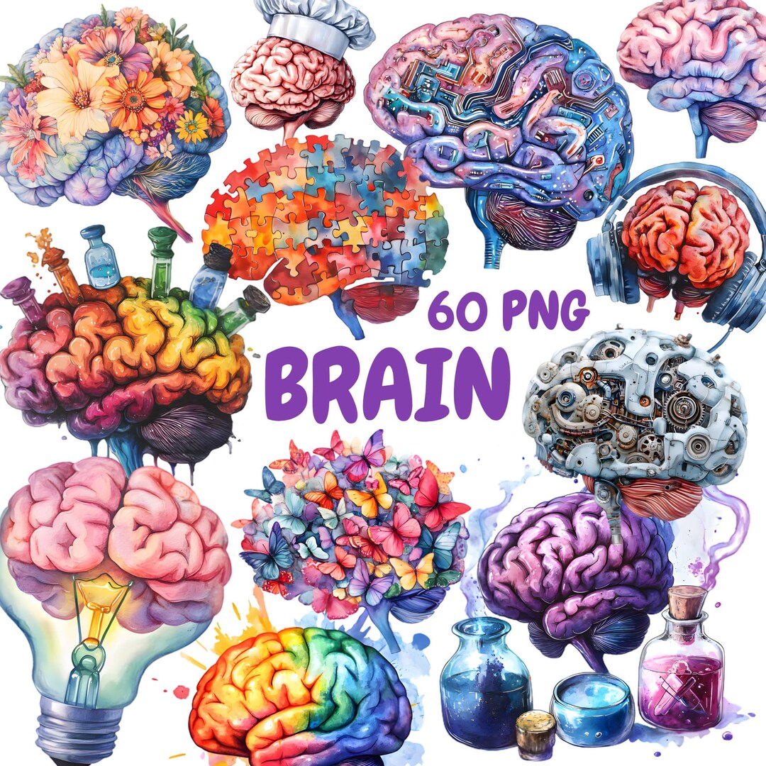 Watercolor Brain Clipart Bundle, Colorful Brain Clipart, Mind ...