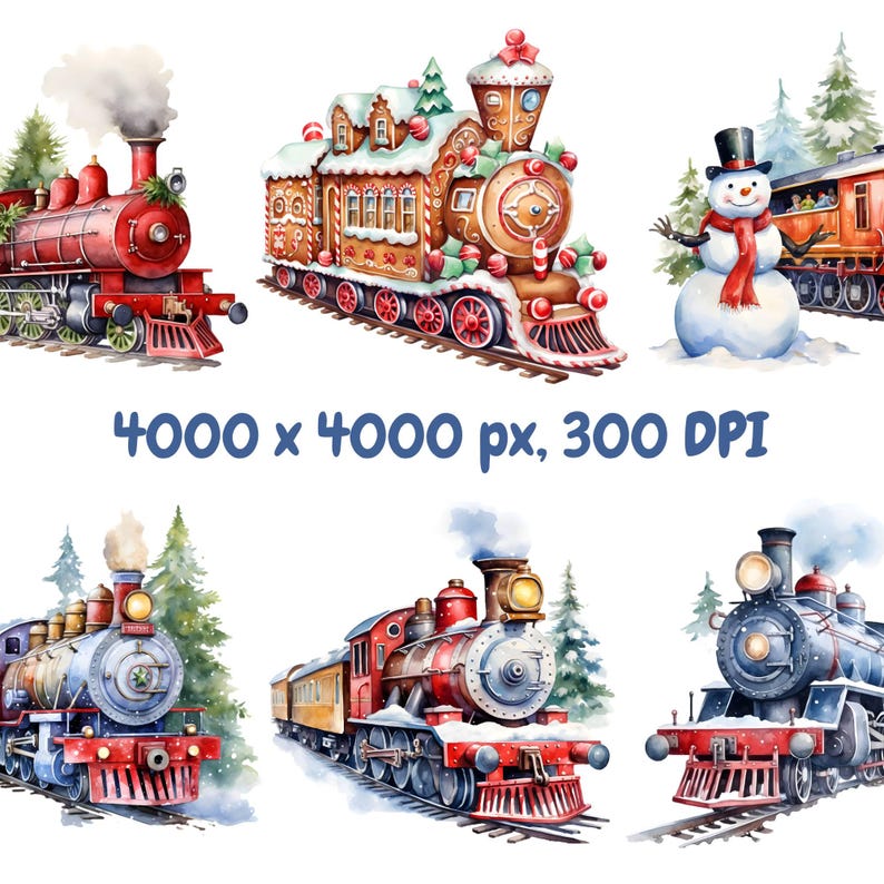 Watercolor Christmas Trains Clipart Bundle, Holiday Train Clipart, Red ...