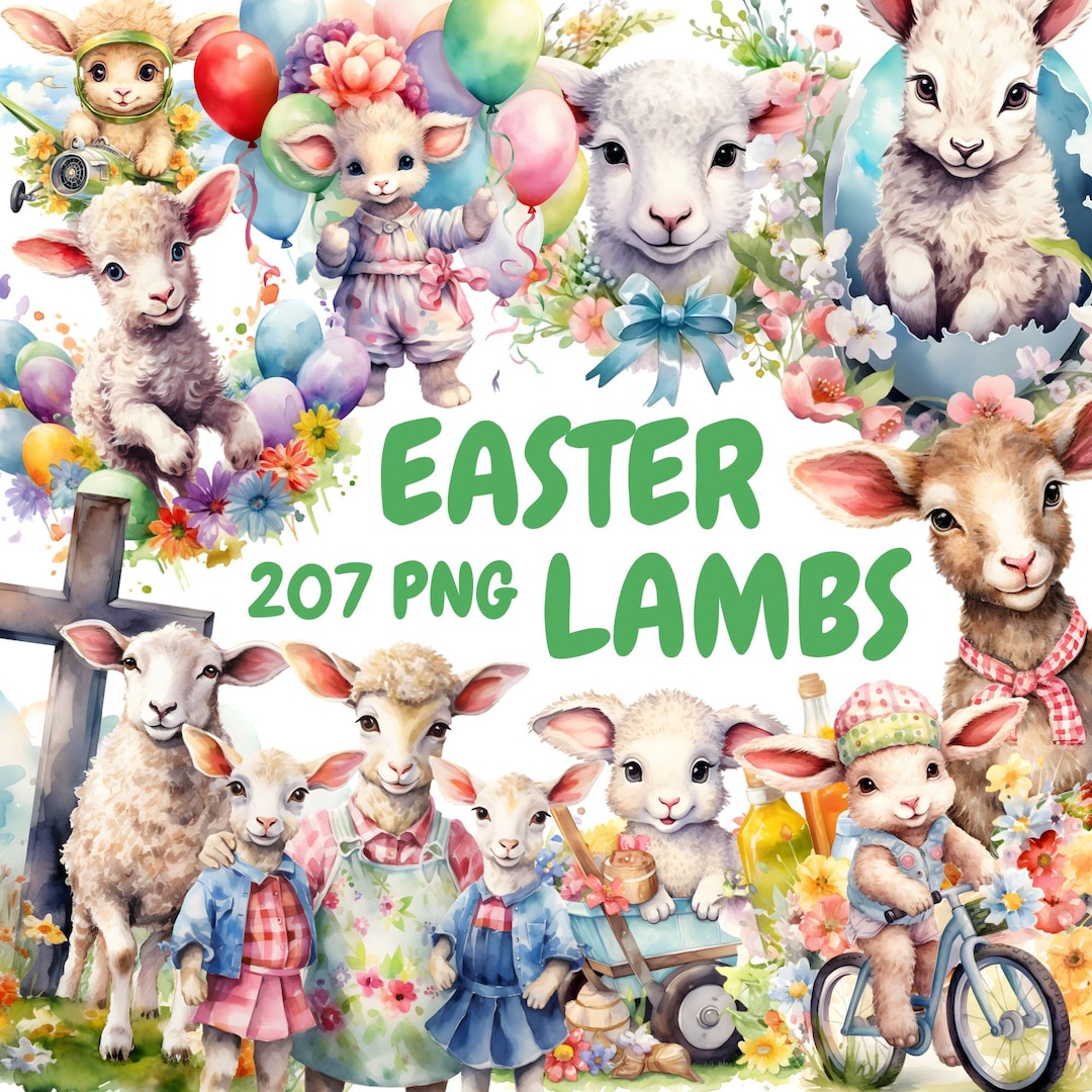 Watercolor Easter Lambs Clipart Bundle, Cute Baby Lamb PNG, Happy ...