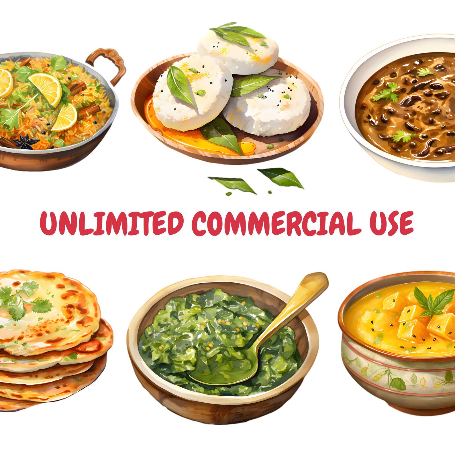 Watercolor Indian Food Clipart Bundle, Indian Cuisine Clipart, Dinner ...