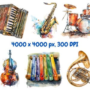 Watercolor Musical Instruments Clipart Bundle, Band Instruments Clipart ...