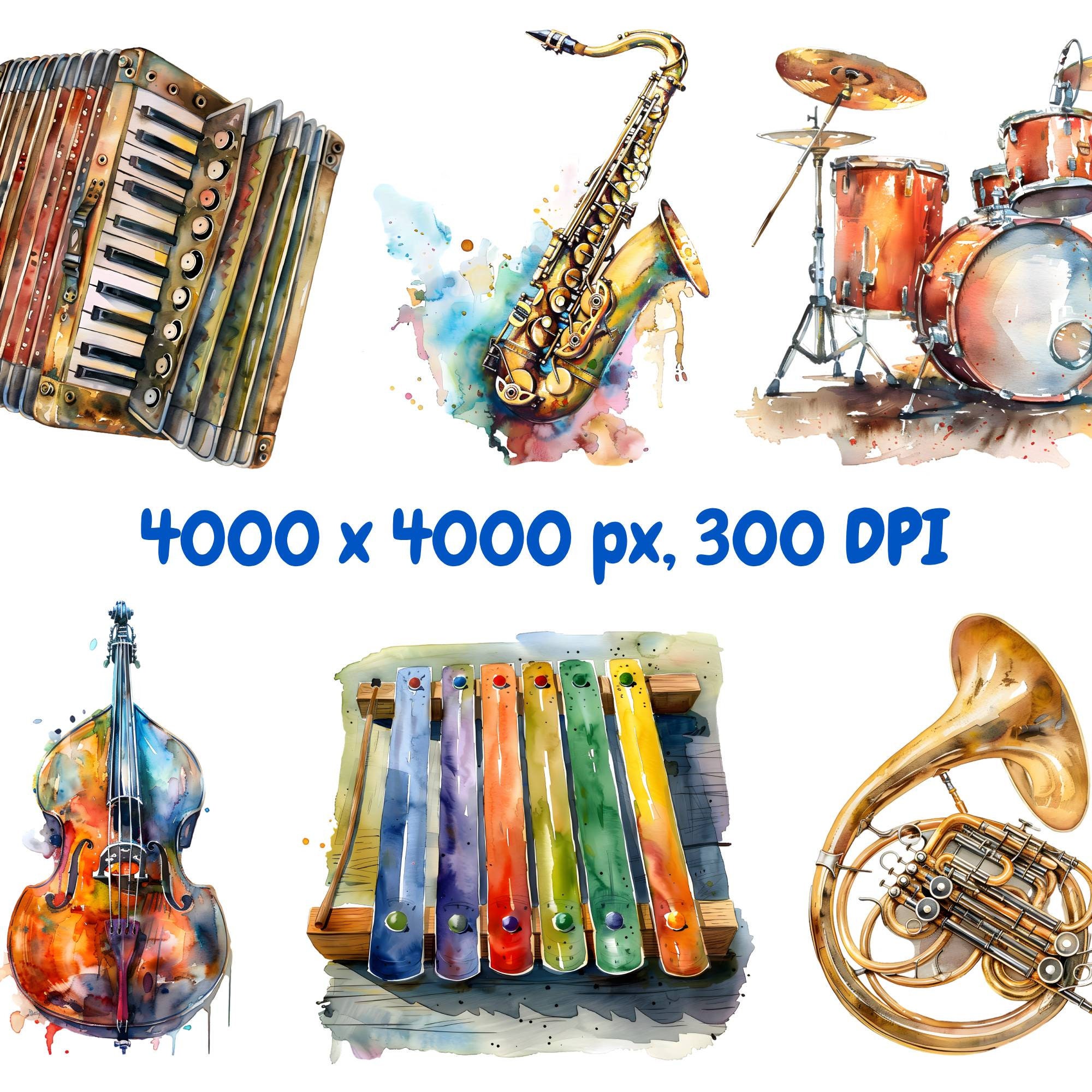 Watercolor Musical Instruments Clipart Bundle, Band Instruments Clipart ...