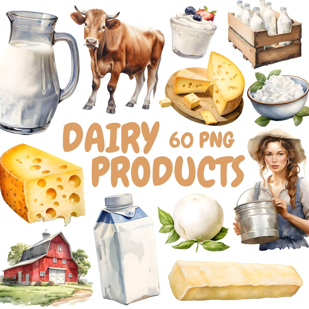 Watercolor Dairy Products Clipart Bundle, Farm Cheese Clipart, Milk ...