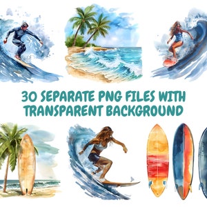 Watercolor Surfing Clipart Bundle, Summer Vacation Clipart, Surfboard ...