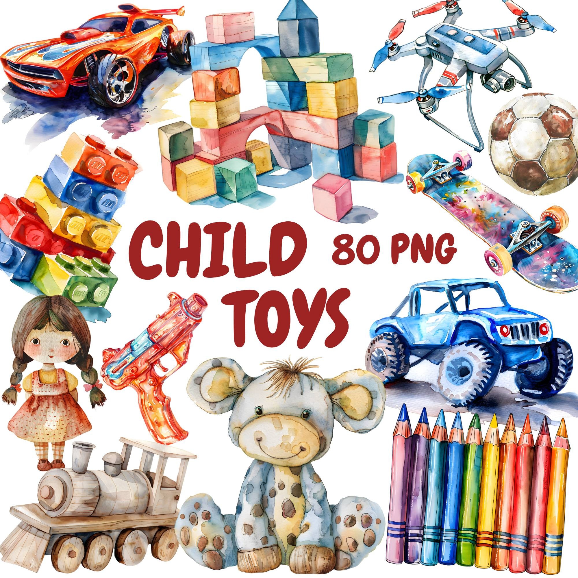 Watercolor Child Toys Clipart Bundle, Cute Toys Clipart, Toys ...