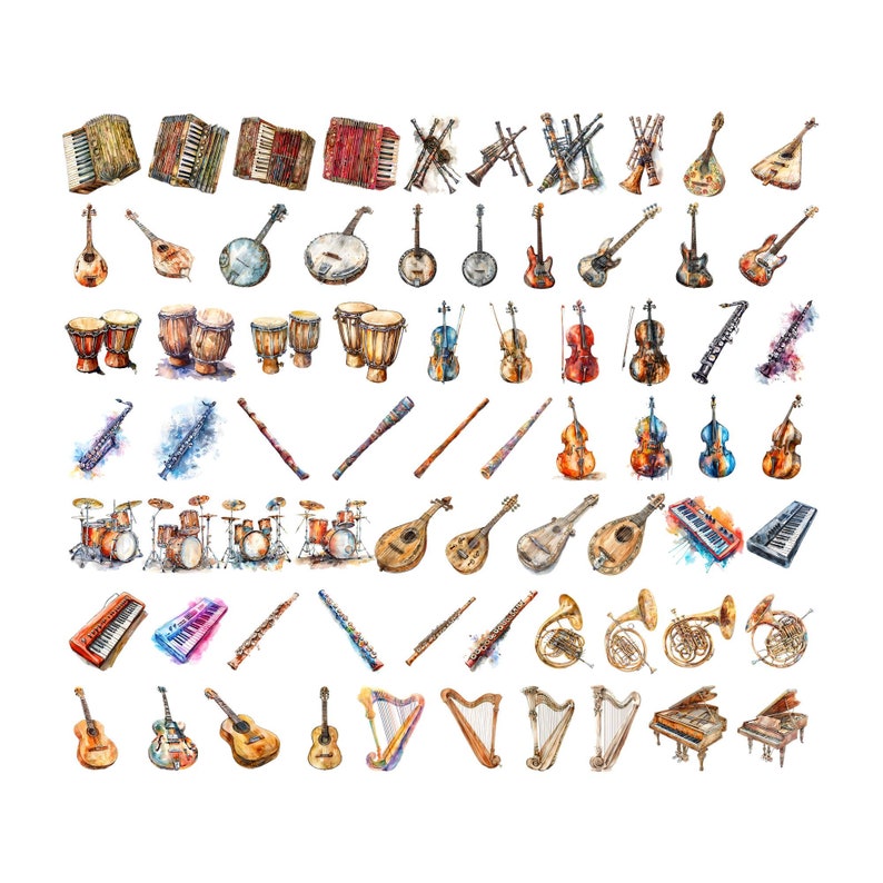 Watercolor Musical Instruments Clipart Bundle, Band Instruments Clipart ...