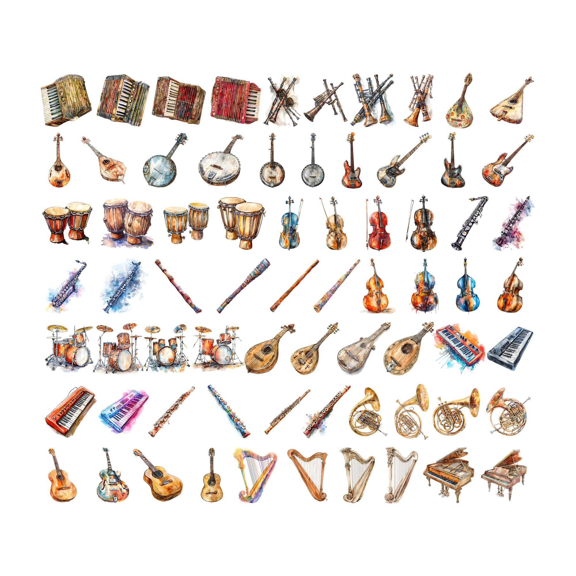 Watercolor Musical Instruments Clipart Bundle, Band Instruments Clipart ...