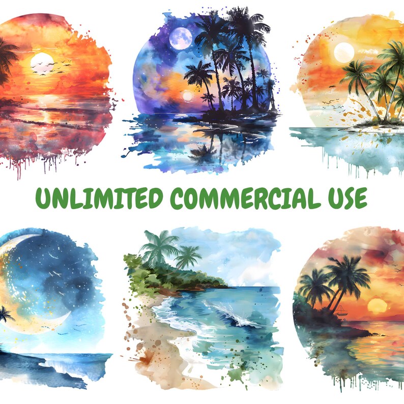 Watercolor Tropical Beach Clipart Bundle, Tropical Sunset Clipart ...