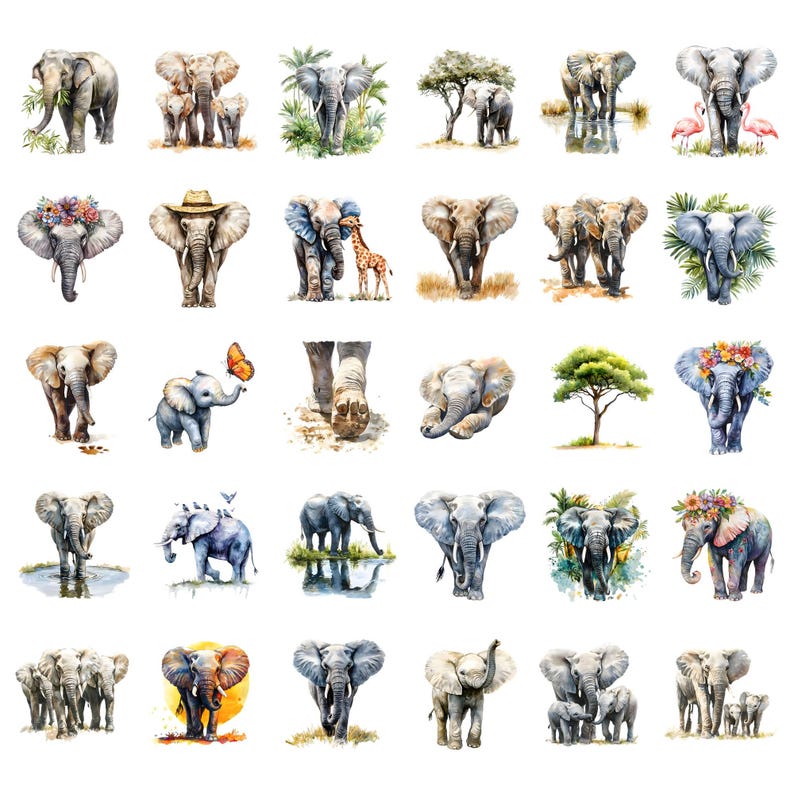 Watercolor Elephant Clipart Bundle, African Elephant Clipart, Elephant ...