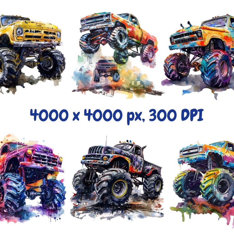 Watercolor Monster Trucks Clipart Bundle, Extreme Vehicle Clipart ...