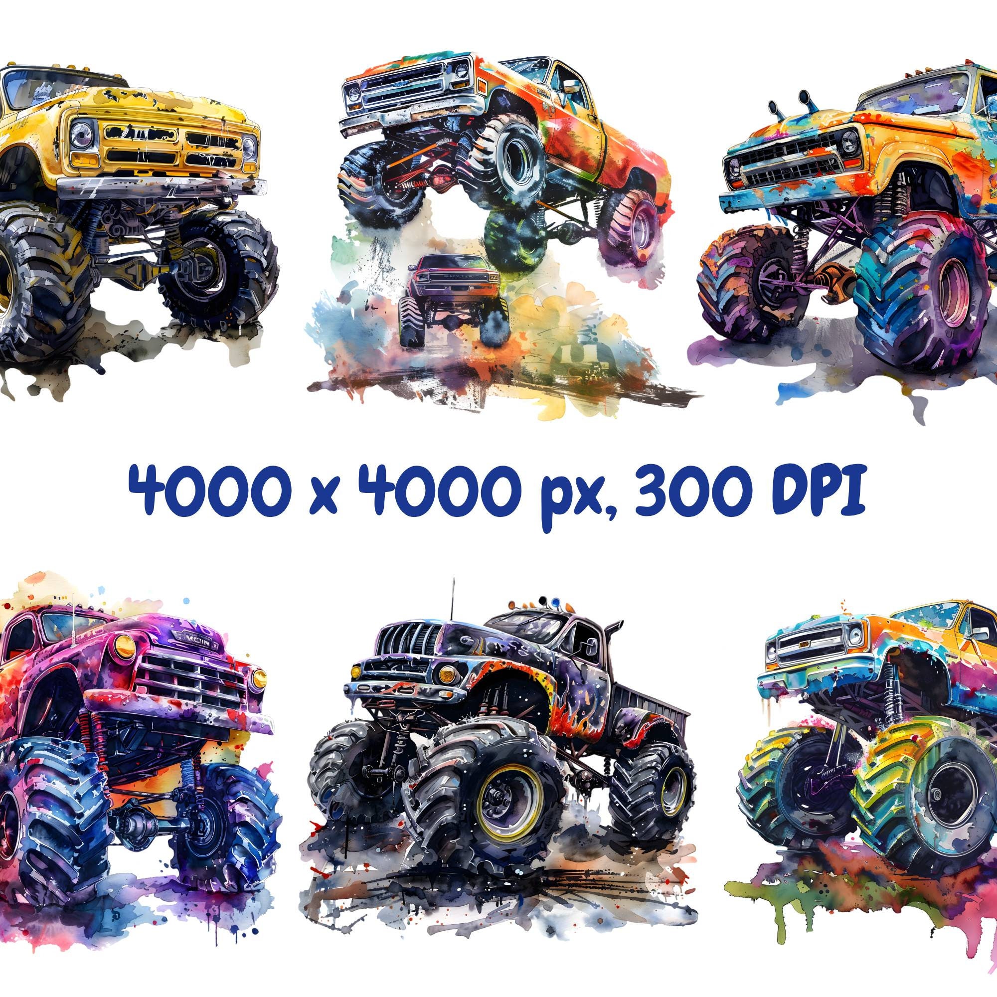 Watercolor Monster Trucks Clipart Bundle, Extreme Vehicle Clipart ...