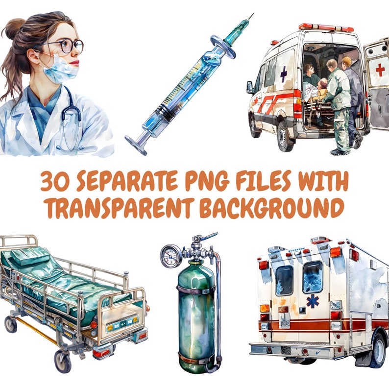 Watercolor Ambulance Clipart Bundle, Emergency Vehicle Clipart, Medical ...