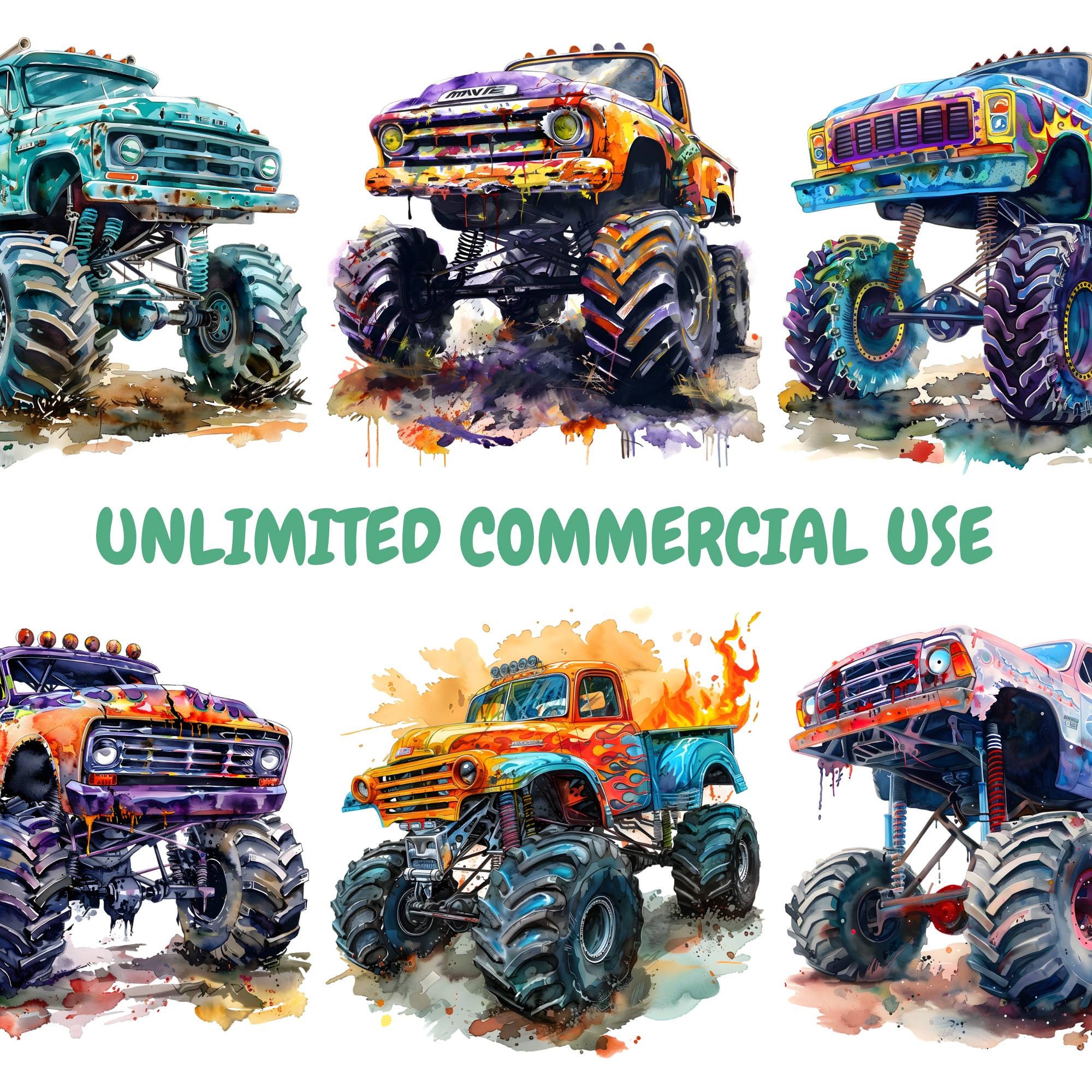 Watercolor Monster Trucks Clipart Bundle, Extreme Vehicle Clipart ...